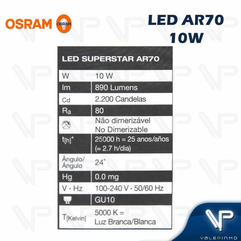 LÂMPADA LED AR70 10W 5000K(BR LUZ DO DIA)BIVOLT GU10 | VALEPINHO